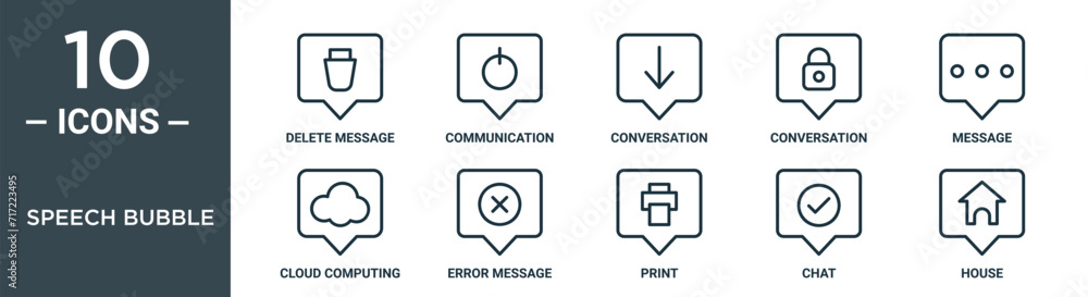 Vecteur Stock speech bubble outline icon set includes thin line delete message, communication ...