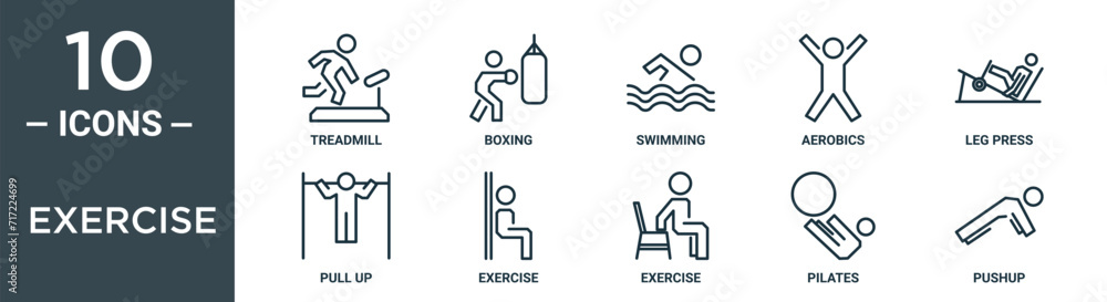 exercise outline icon set includes thin line treadmill, boxing ...