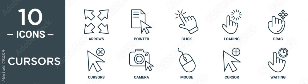 cursors outline icon set includes thin line arrows, pointer, click ...