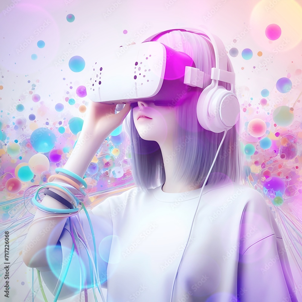 Girl VR Headset Virtual World virtual reality simulator. A girl in a ...