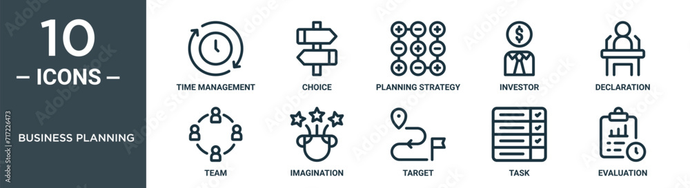 business planning outline icon set includes thin line time management ...