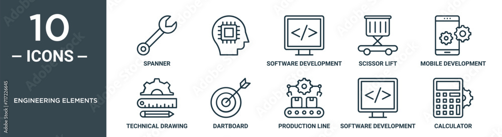 Vettoriale Stock engineering elements outline icon set includes thin line spanner, , software ...