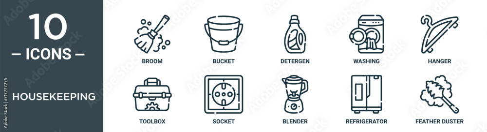 housekeeping outline icon set includes thin line broom, bucket ...