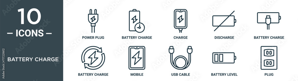 battery charge outline icon set includes thin line power plug, battery ...