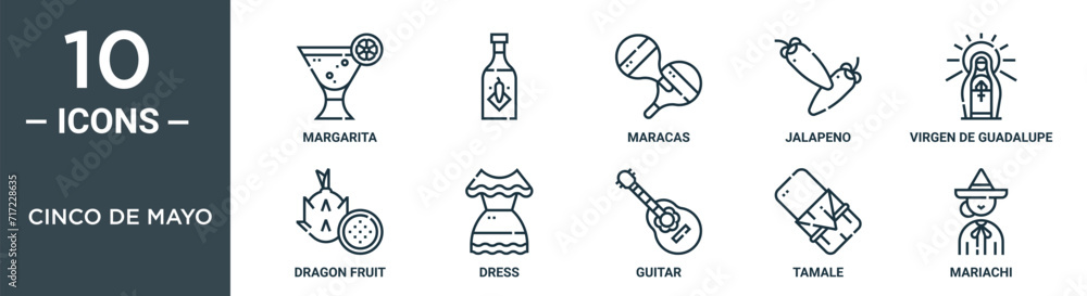cinco de mayo outline icon set includes thin line margarita, , maracas ...