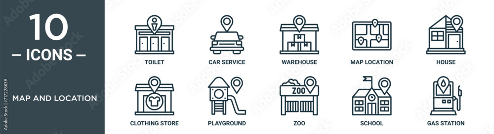 map and location outline icon set includes thin line toilet, car ...