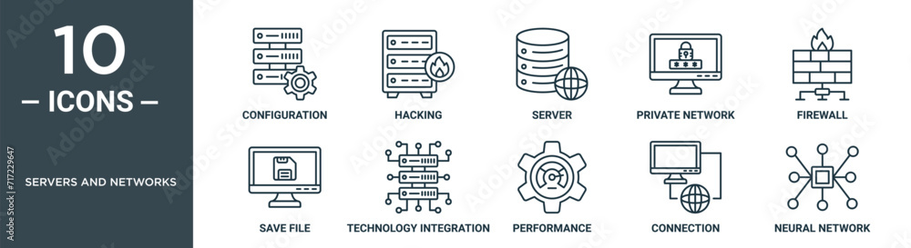 Vetor de servers and networks outline icon set includes thin line configuration, hacking, server ...