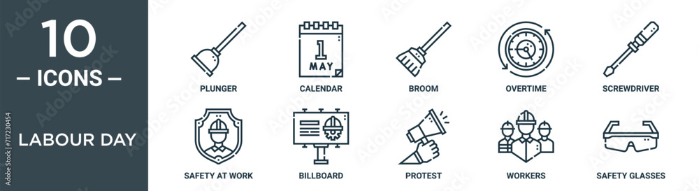 labour day outline icon set includes thin line plunger, calendar, broom ...
