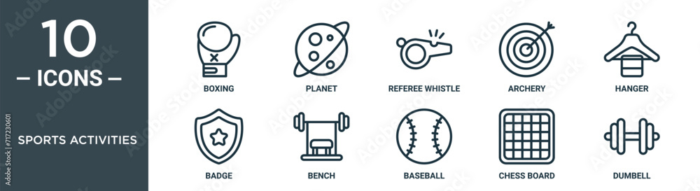 sports activities outline icon set includes thin line boxing, planet ...
