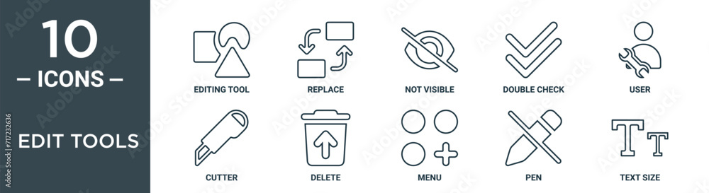 edit tools outline icon set includes thin line editing tool, replace ...