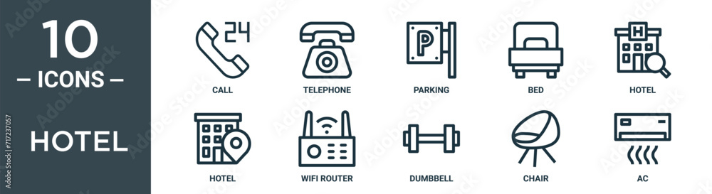 hotel outline icon set includes thin line call, telephone, parking, bed ...