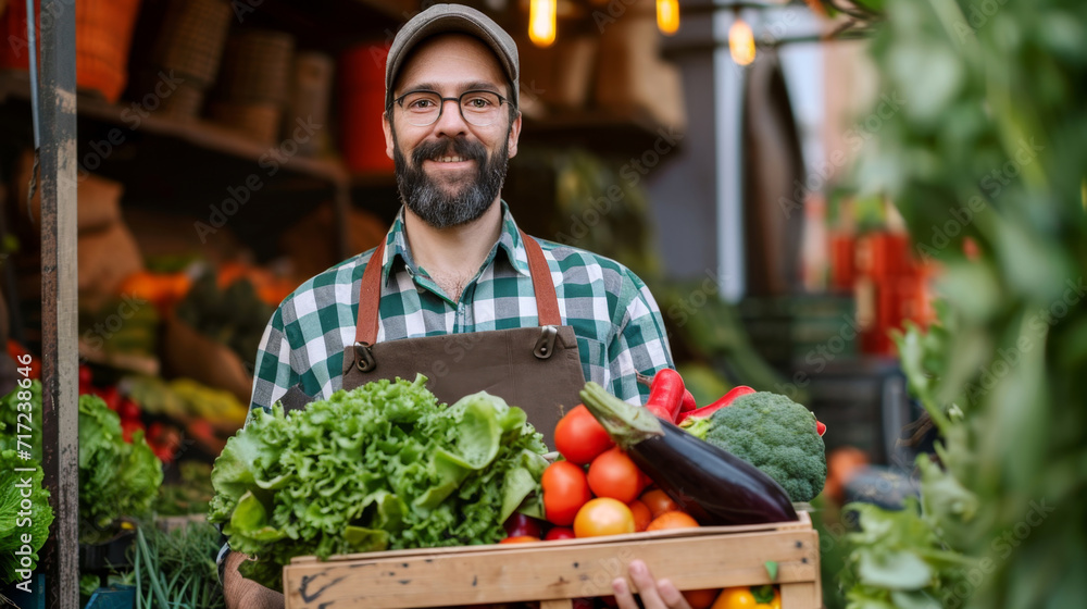 Portrait of a male working at a farmers market stall with fresh organic ...