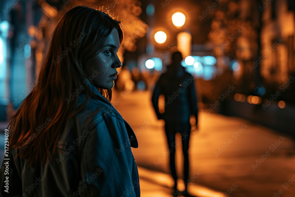 Man following woman in dark street, night, stalking, crime, mugger ...