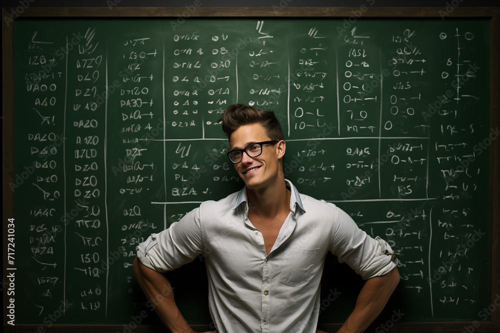 Nerd Sportler, Junger Mann mit Brille vor einer Tafel in der ...
