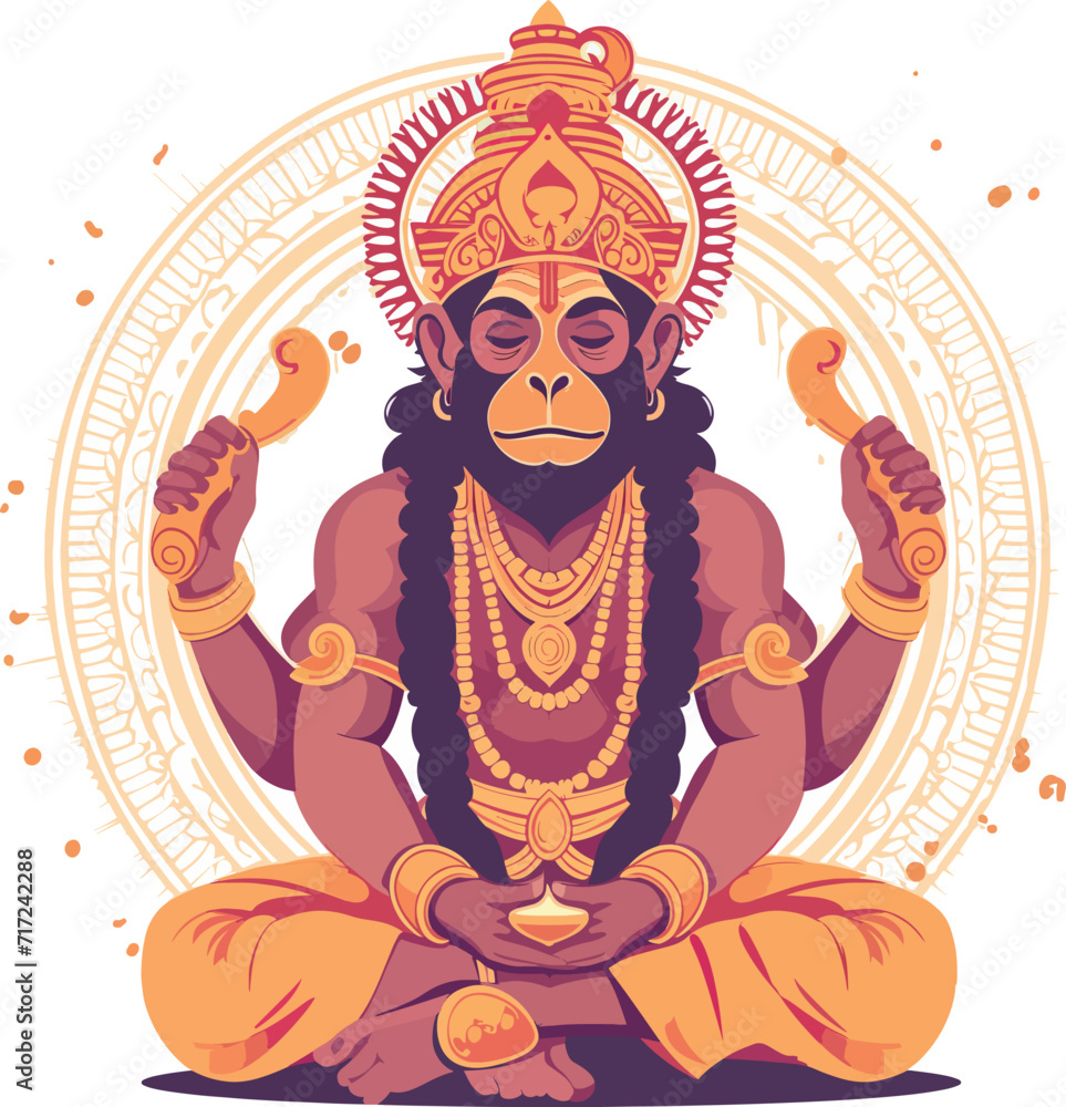 Majestic Hanuman Seated with Weapons, Ornate Headgear Vector ...