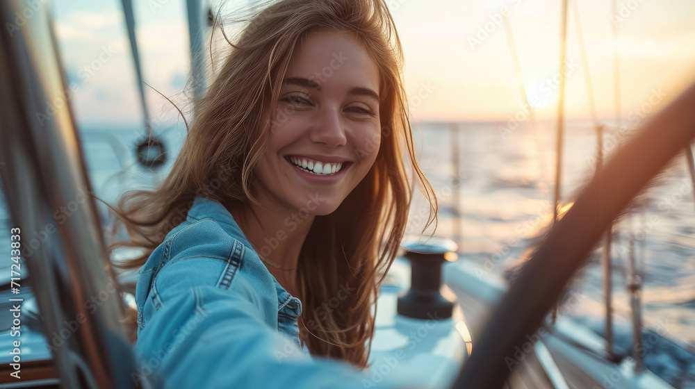 beautiful young cheerful woman on a yacht in the sea, sailing ship ...