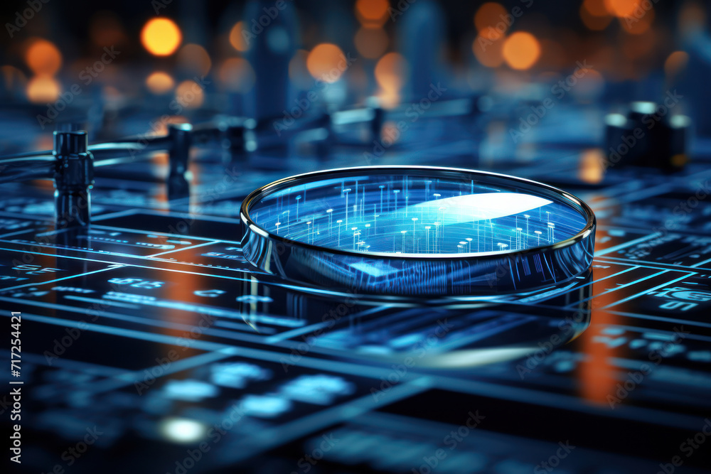 A stylized magnifying glass zooms in on details within a complex system ...