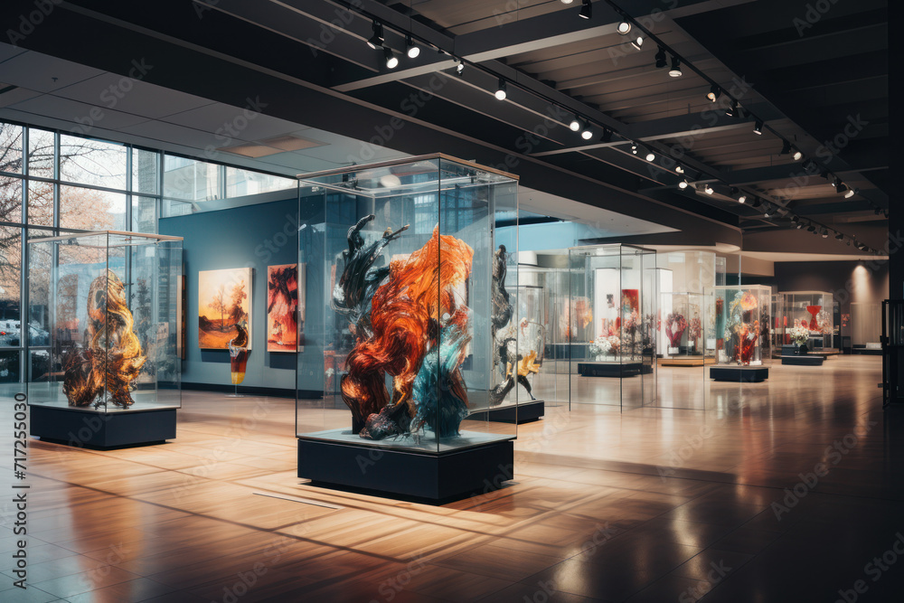 An art gallery with paintings hung in precise arrangements exemplifies ...