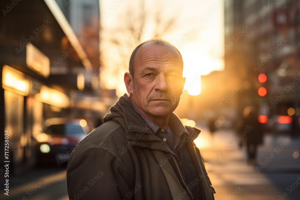 A middle-aged man with a receding hairline and stocky build, standing ...
