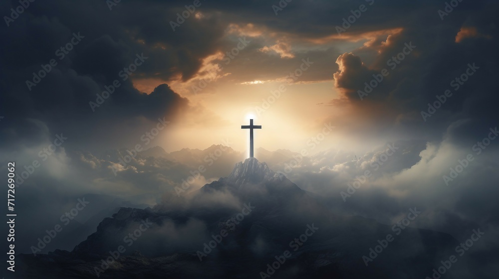 Cross of Jesus Christ on the top of the mountain. 3d render Stock Photo ...