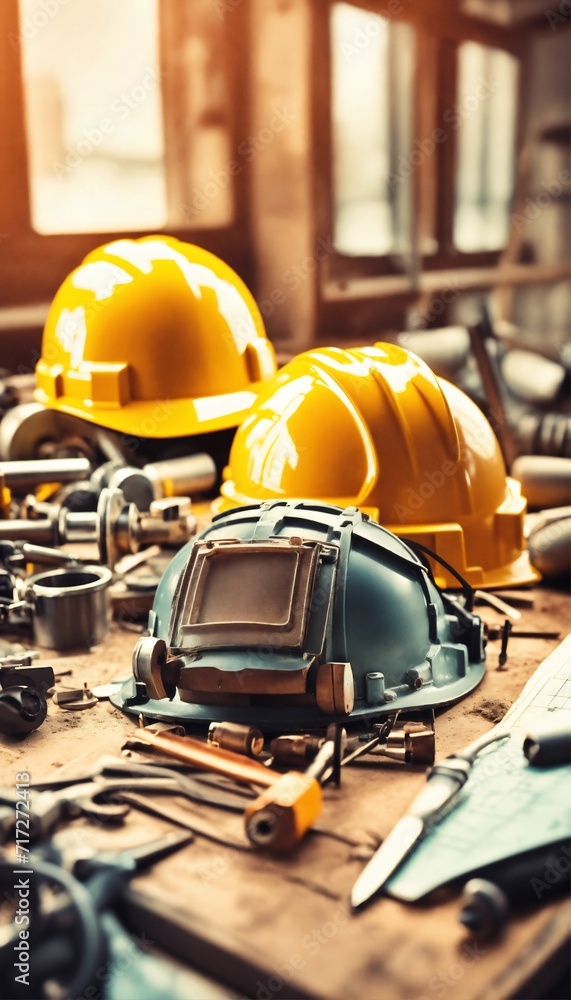 Image of engineering objects on workplace top view.construction concept ...