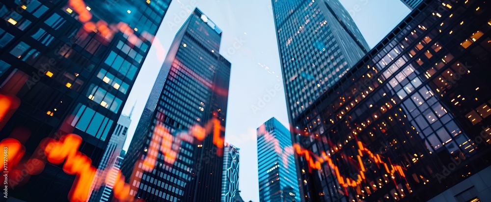 Silhouettes of skyscrapers with superimposed stock market graphs ...