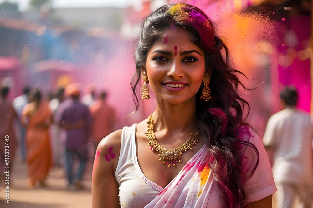 Celebrating Holi Festival of Colors, Happy Indian woman with colorful ...