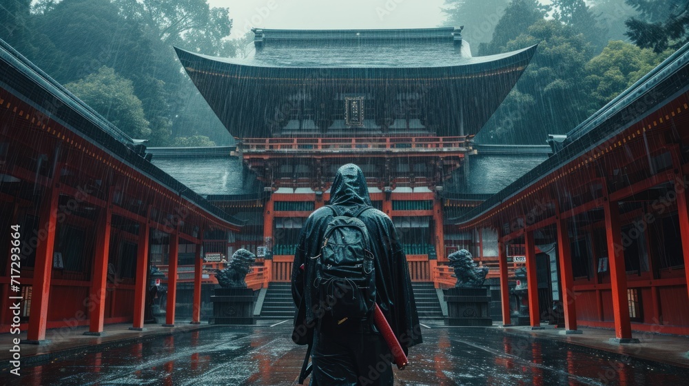 a epic samurai with a weapon sword standing in front of a old japanese ...