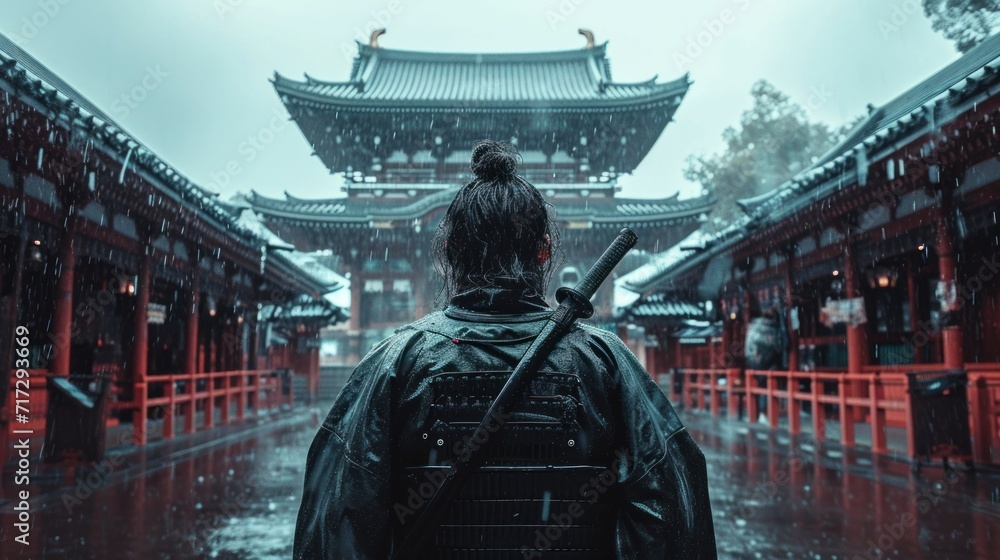 a epic samurai with a weapon sword standing in front of a old japanese ...