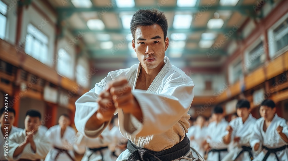 a karate asian martial arts training in a dojo hall. sensei teacher ...