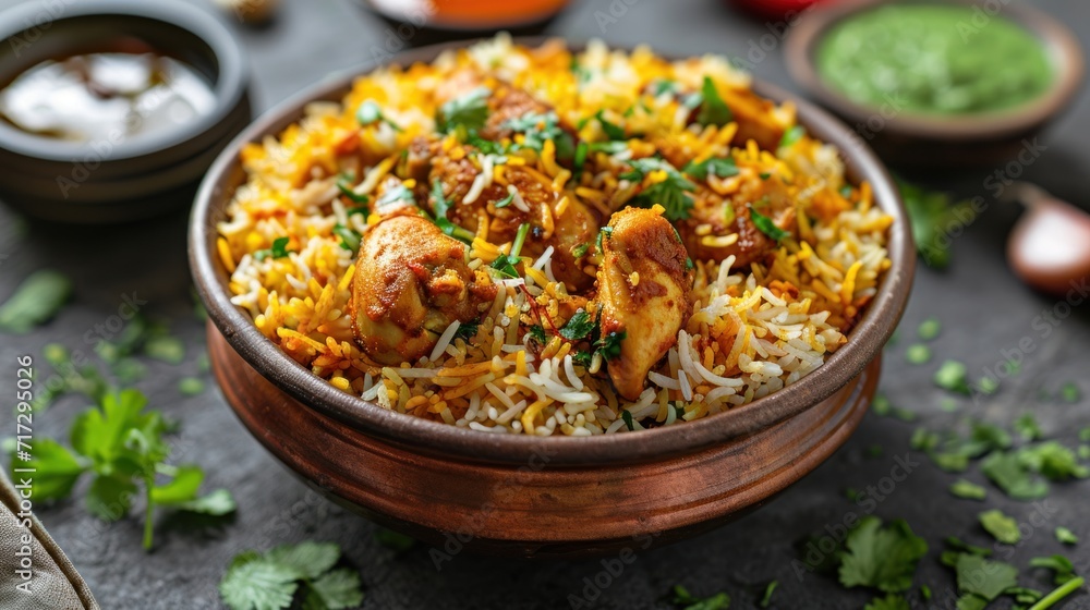 Chicken Biryani food, yellow color Traditional Indian dish of rice and ...
