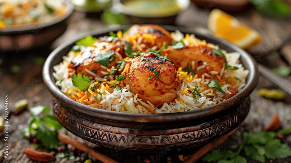 Chicken Biryani food, yellow color Traditional Indian dish of rice and ...