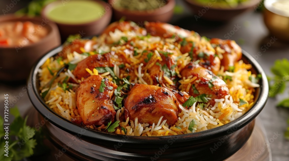 Chicken Biryani food, yellow color Traditional Indian dish of rice and ...