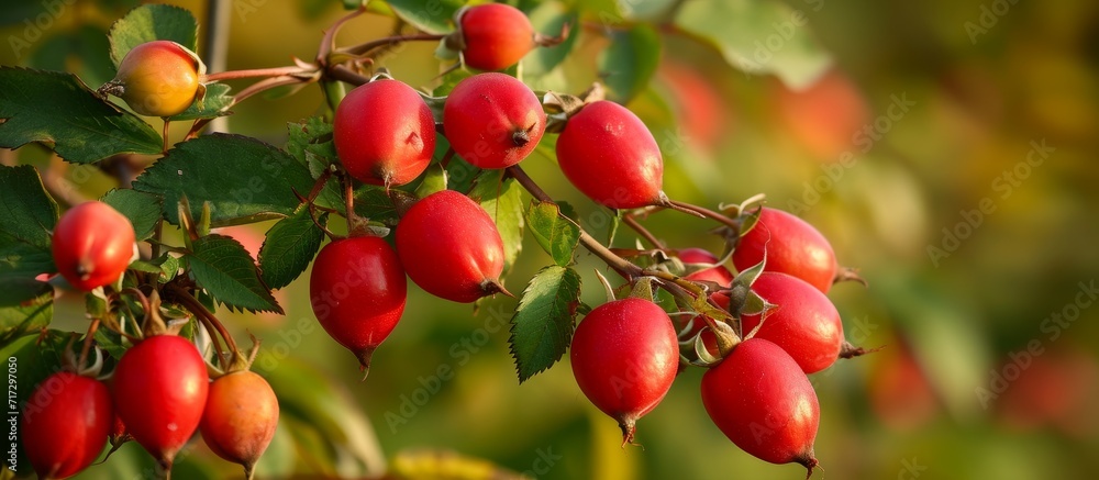 Wild rose bush fruit, rose hips, abound in vitamin C, A, B, E, K, as ...