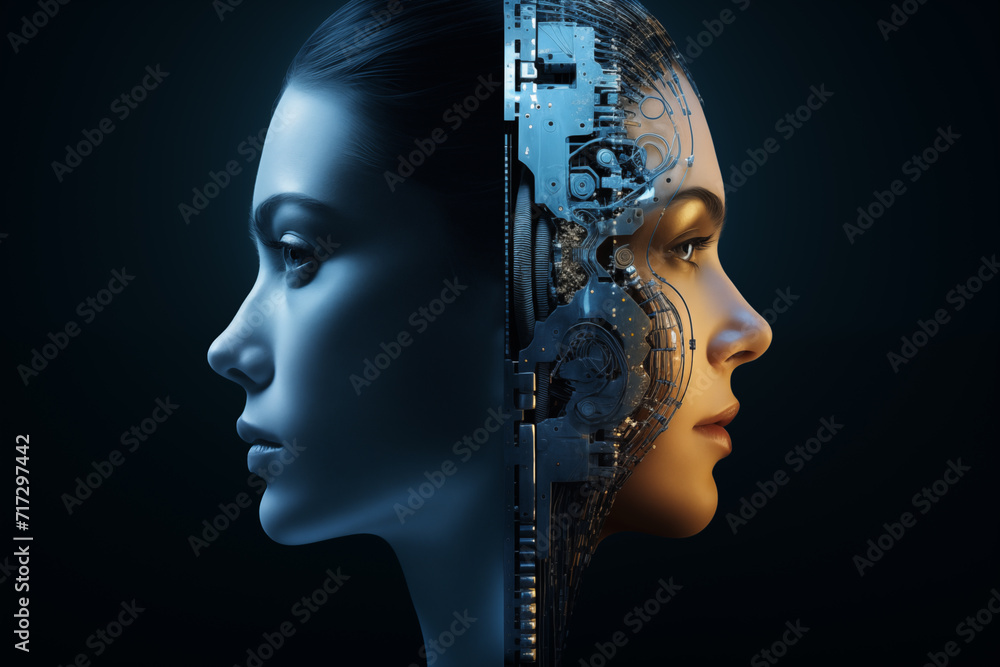 A split image between a human woman and ai robot girl. Depicting the ...
