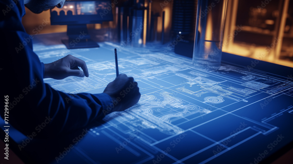 Architect planning the urban map of a futuristic city with a blue ...