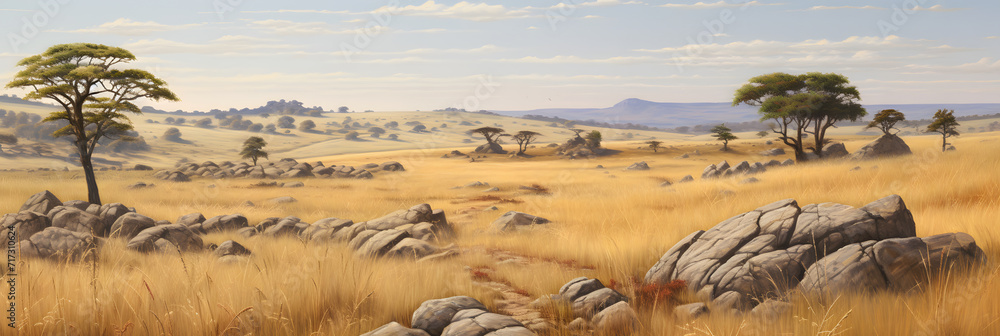 Savanna Serenity: Isolated Rocks Amidst Fading Grass, Panoramic African ...