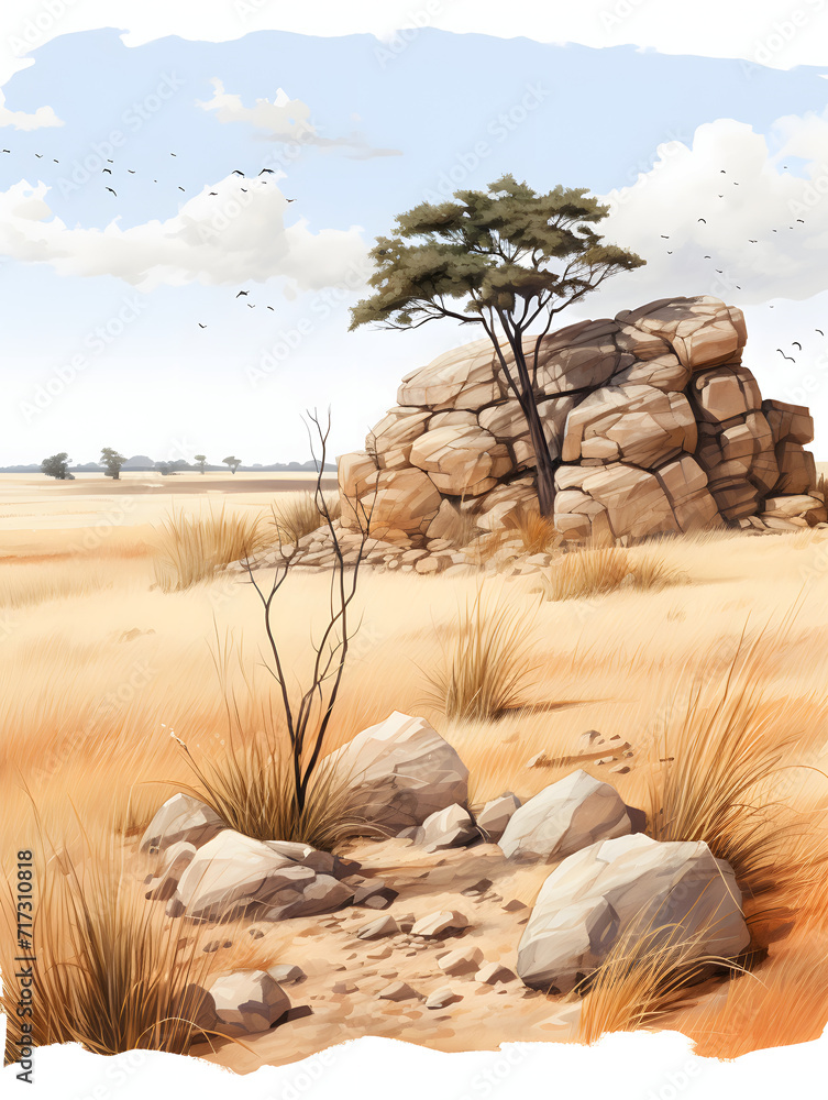 African Savanna Serenity: Isolated Rocks Amidst Fading Grass, Depicts a ...