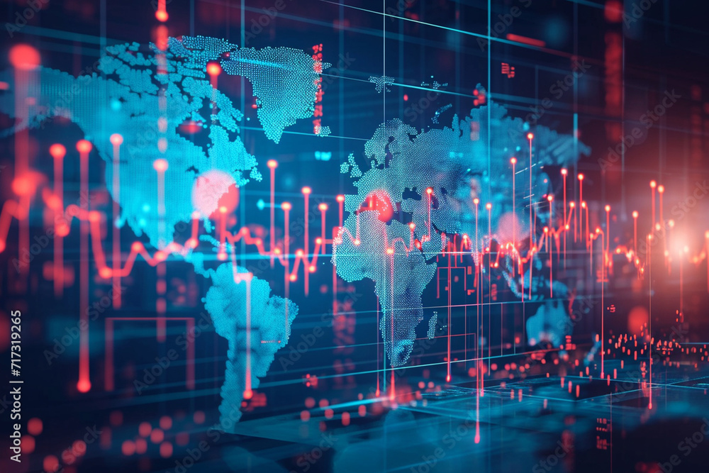Illustration of a global map with trade routes and financial symbols ...
