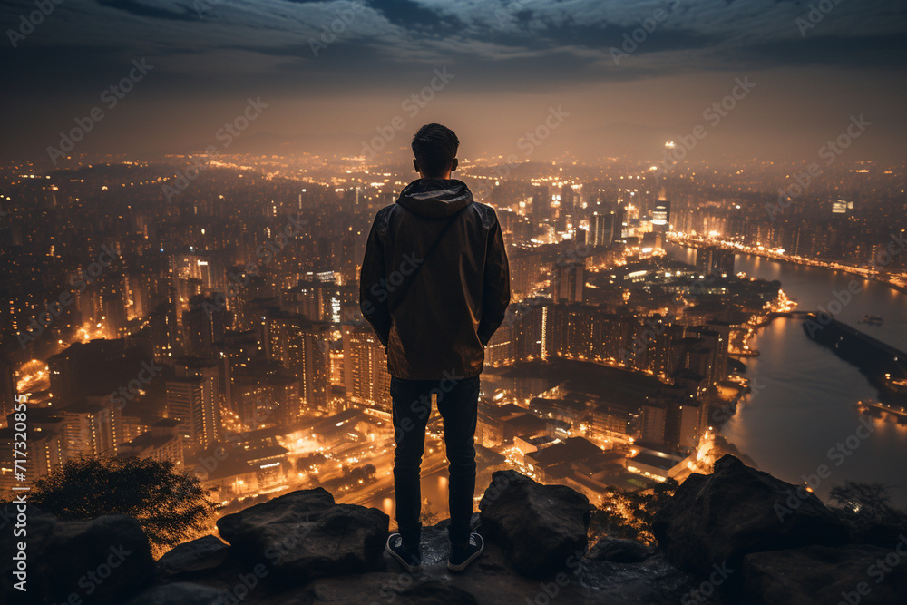 On a rooftop overlooking the city, a guy takes a selfie with a ...