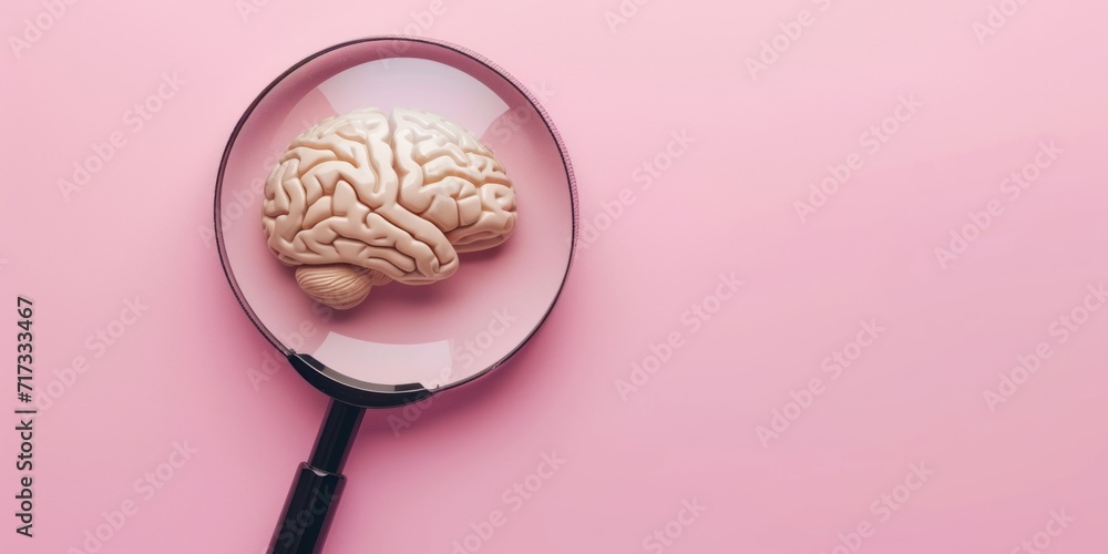 Magnifying glass and human brain on pink background, mental health care ...