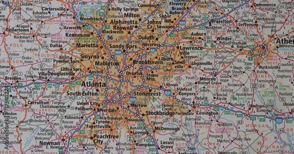 Close-up view of a map of the Atlanta, Georgia area on a road atlas ...