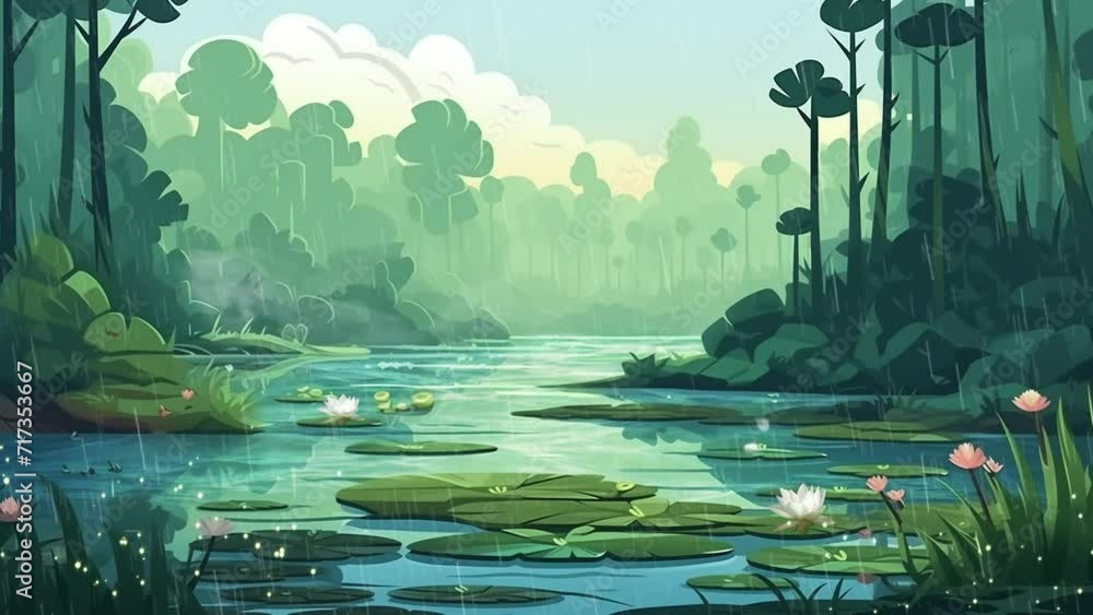 Rain in forest with swamp or lake and water lilies. cartoon fantasy ...