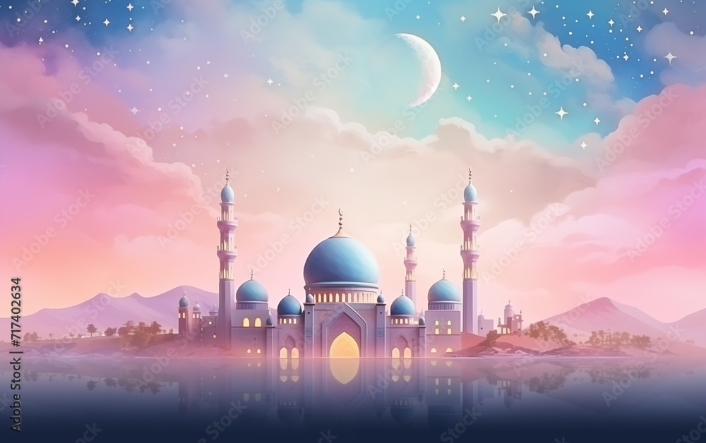 Ramadan kareem and eid fitr islamic concept mosque oil painting ...