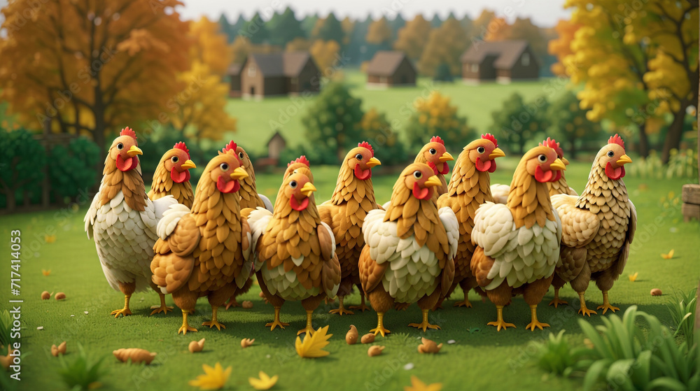 3D Animation Style a group of chickens standing Stock Illustration ...