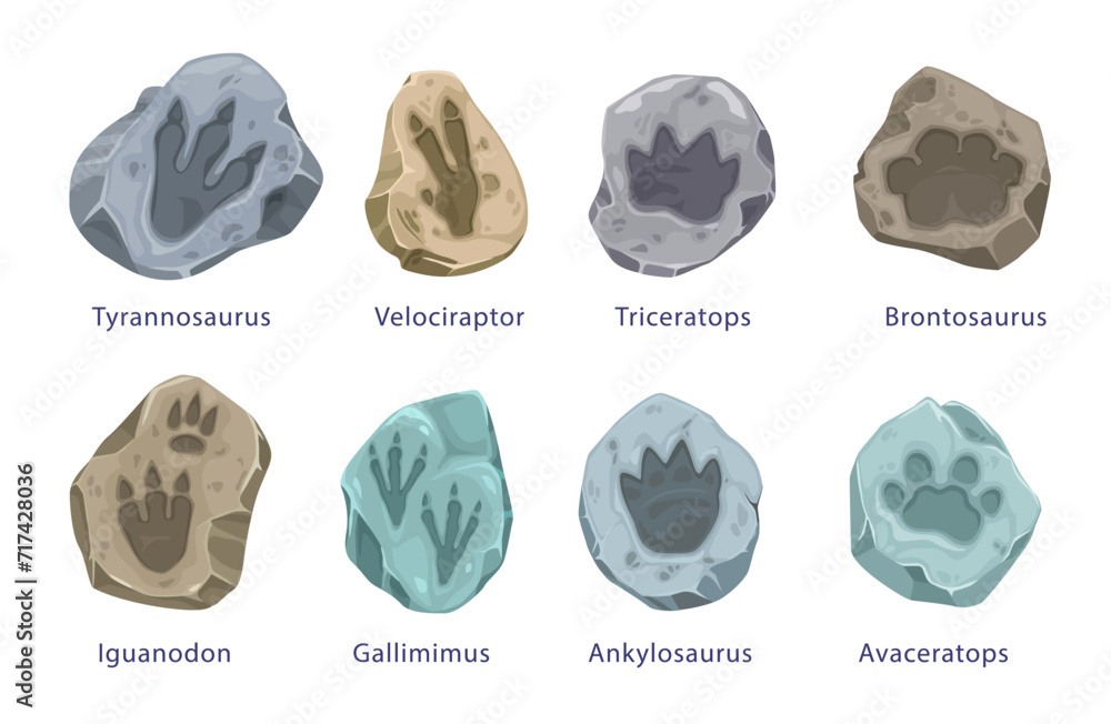 Ancient dinosaur footprints, fossil. Vector tyrannosaurus, velociraptor ...