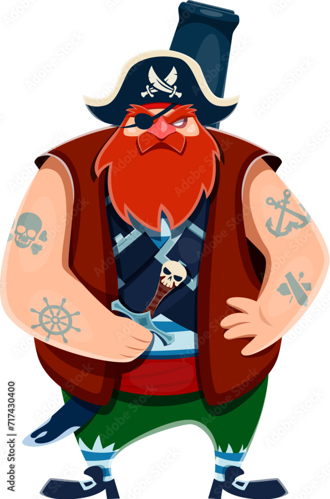 Cartoon pirate captain character with sword and cannon, piracy vector personage. Funny corsair ...