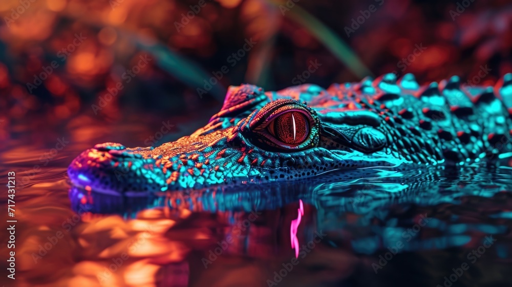 A neon crocodile swimming in a neon river its glowing red eyes peering ...