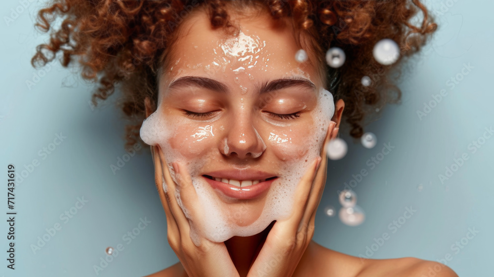 Smiling young woman washing foam face by natural foamy gel. Satisfied ...