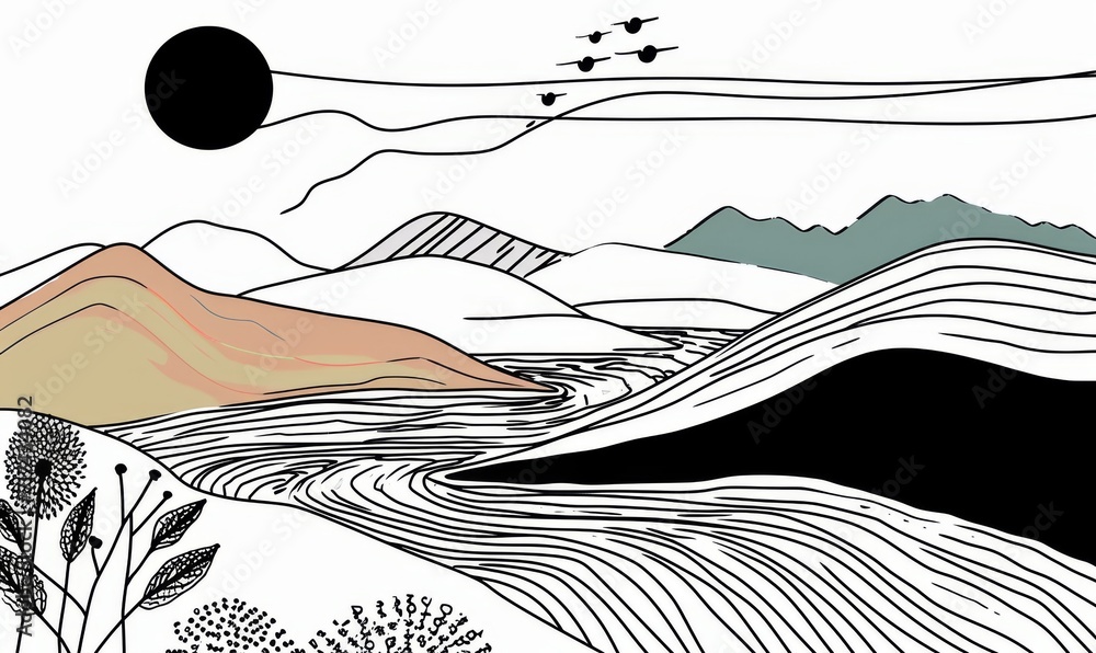 Minimalist Landscape, Hand Drawn Black Line Art, Mountains and Sky ...